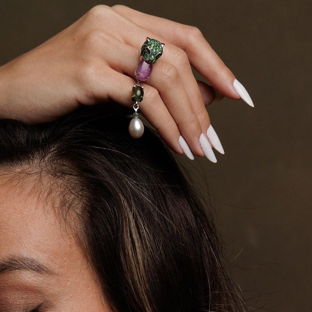 Green Tourmaline & Pink Ruby Panther Pearl Charm Ring - Etsy