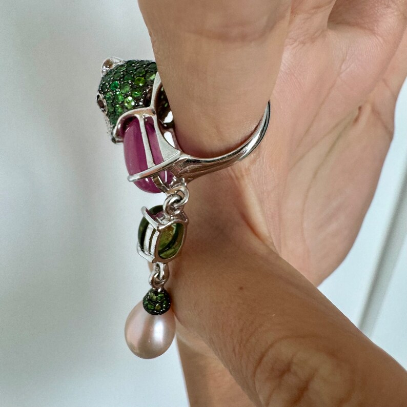 Green Tourmaline & Pink Ruby Panther Pearl Charm Ring - Etsy