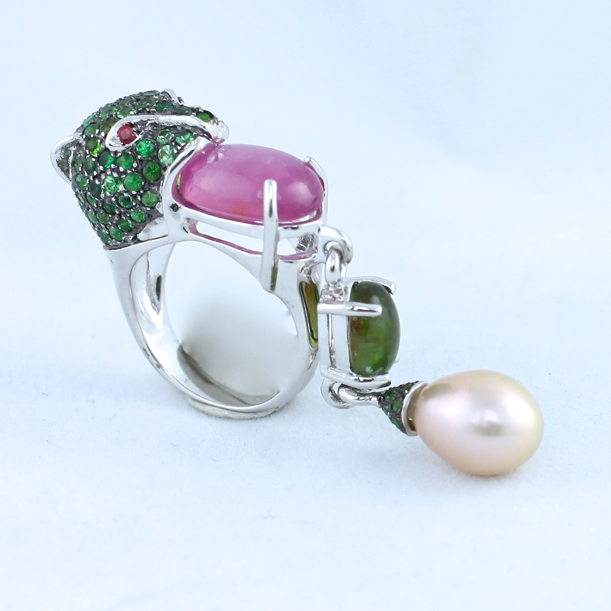 Green Tourmaline & Pink Ruby Panther Pearl Charm Ring - Etsy