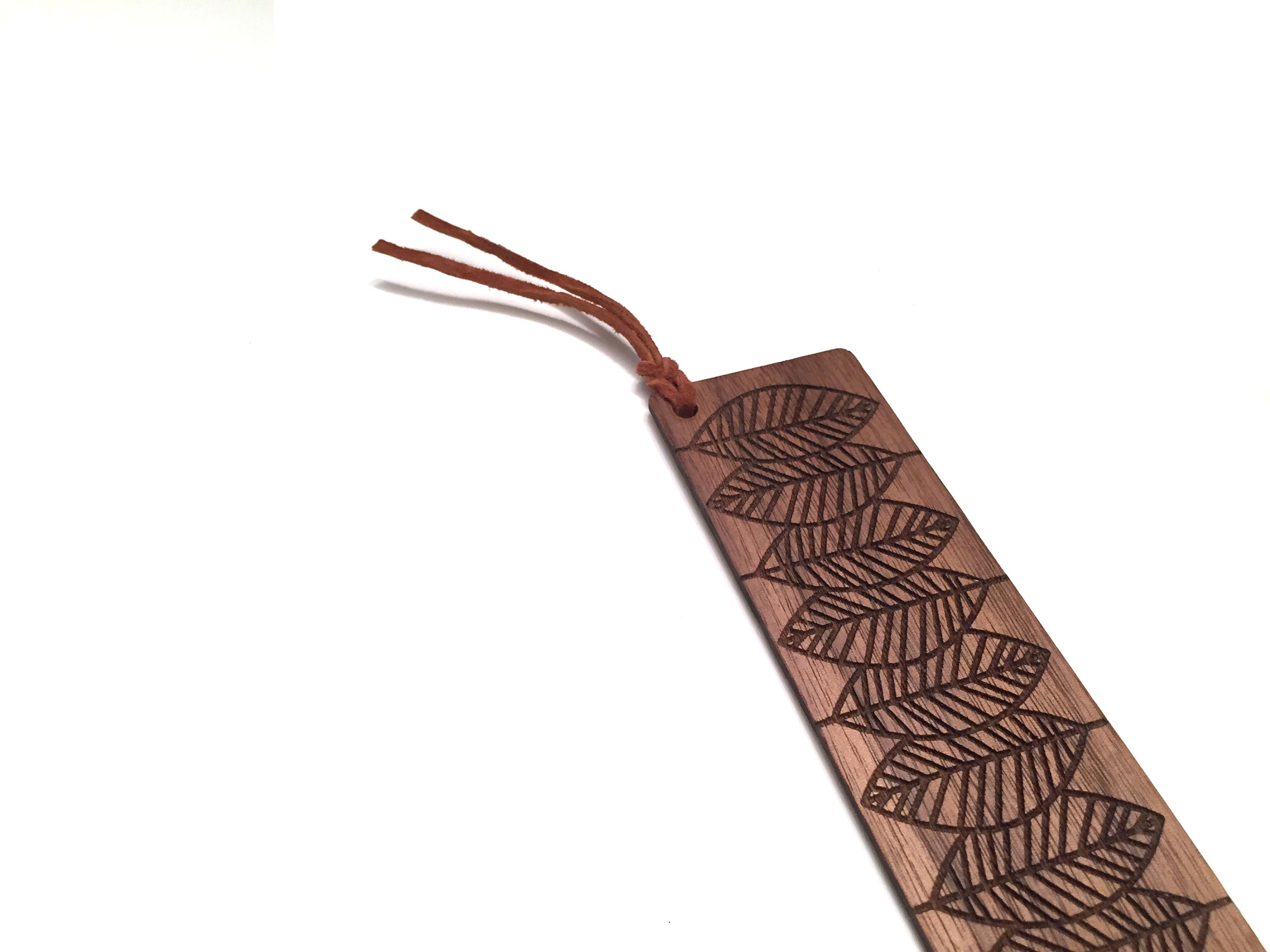 Walnut Wooden Bookmark With Engraved Leaf Stack Pattern and Suede ...
