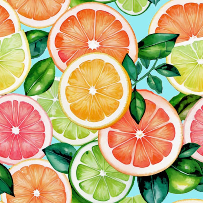 Citrus Seamless Pattern Download of Orange, Lemon, Grapefruit, Lime Slices and Leaves, Digital ...