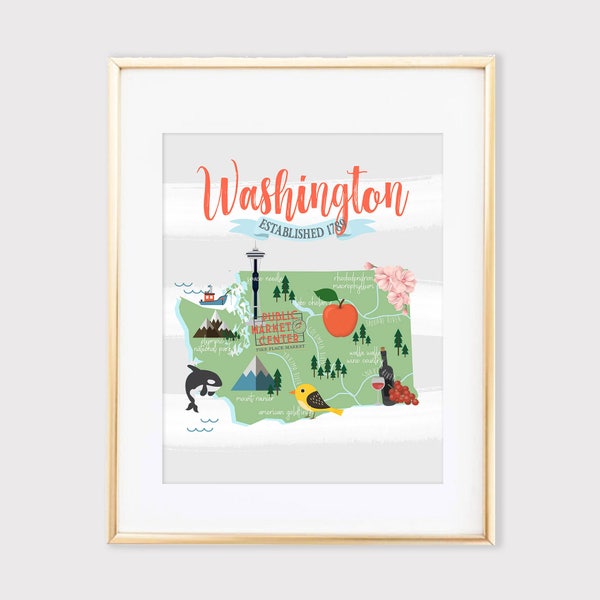 Map of Washington State - Etsy