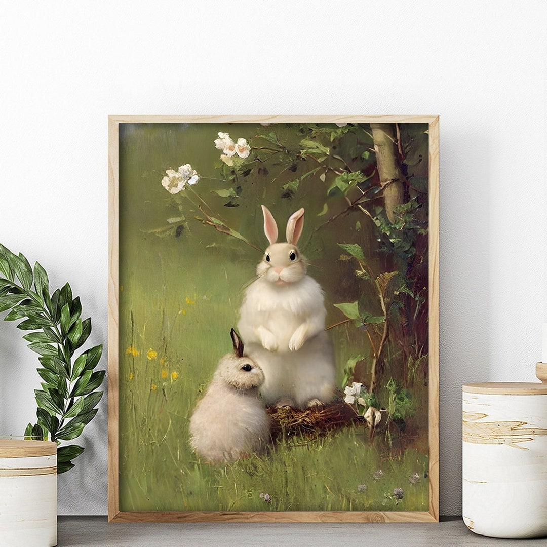PRINTED Vintage Spring Cute Bunny Art Print, Two Bunnies Easter Art ...