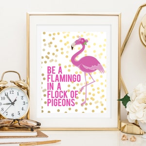 Pink and Faux Gold Foil Flamingo Digital Printable Modern Wall Art - Etsy