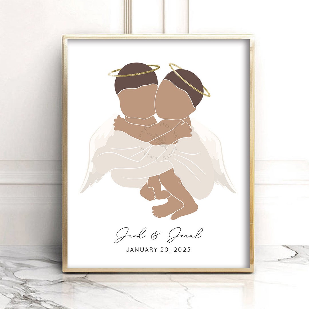 Twin Boys Angel Wings and Halo Baby Custom Illustration, Infant Loss ...
