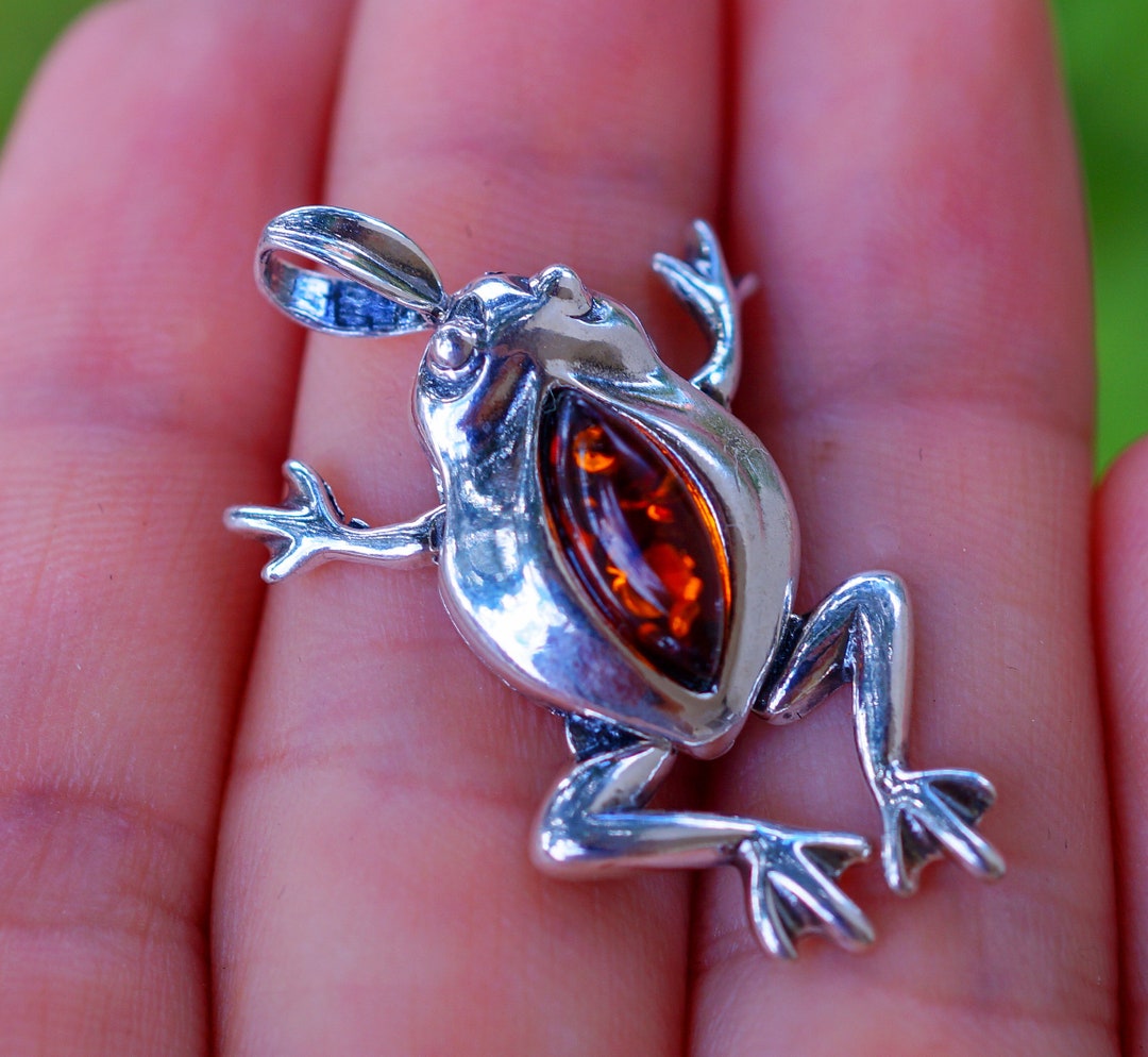 Genuine Cognac Baltic Amber Frog Set in 925 Sterling Silver Pendant ...