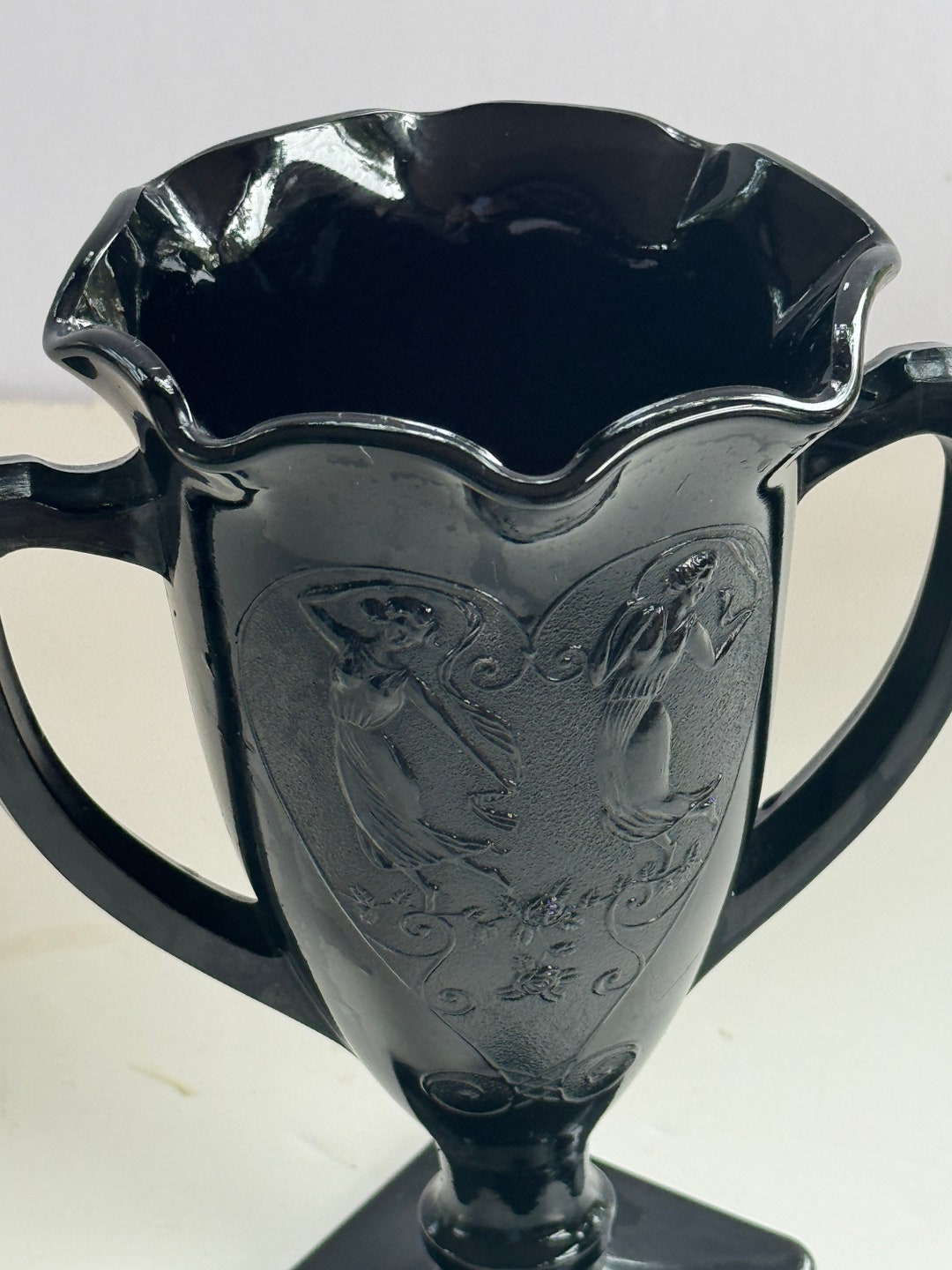 Amethyst Black Glass Vase Dancing Nymphs With Ribbons Raised Design ...