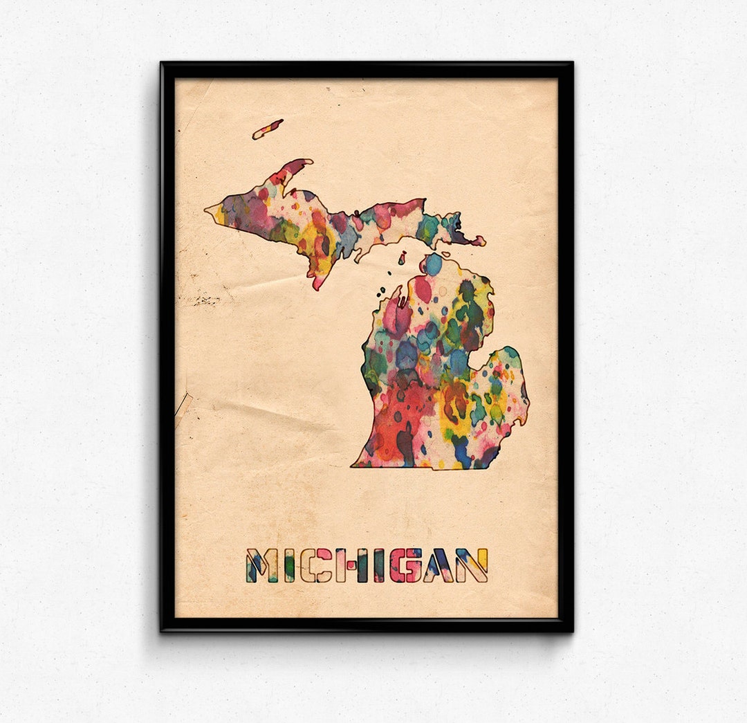 Michigan Map Poster Watercolor Print Fine Art Digital Painting ...