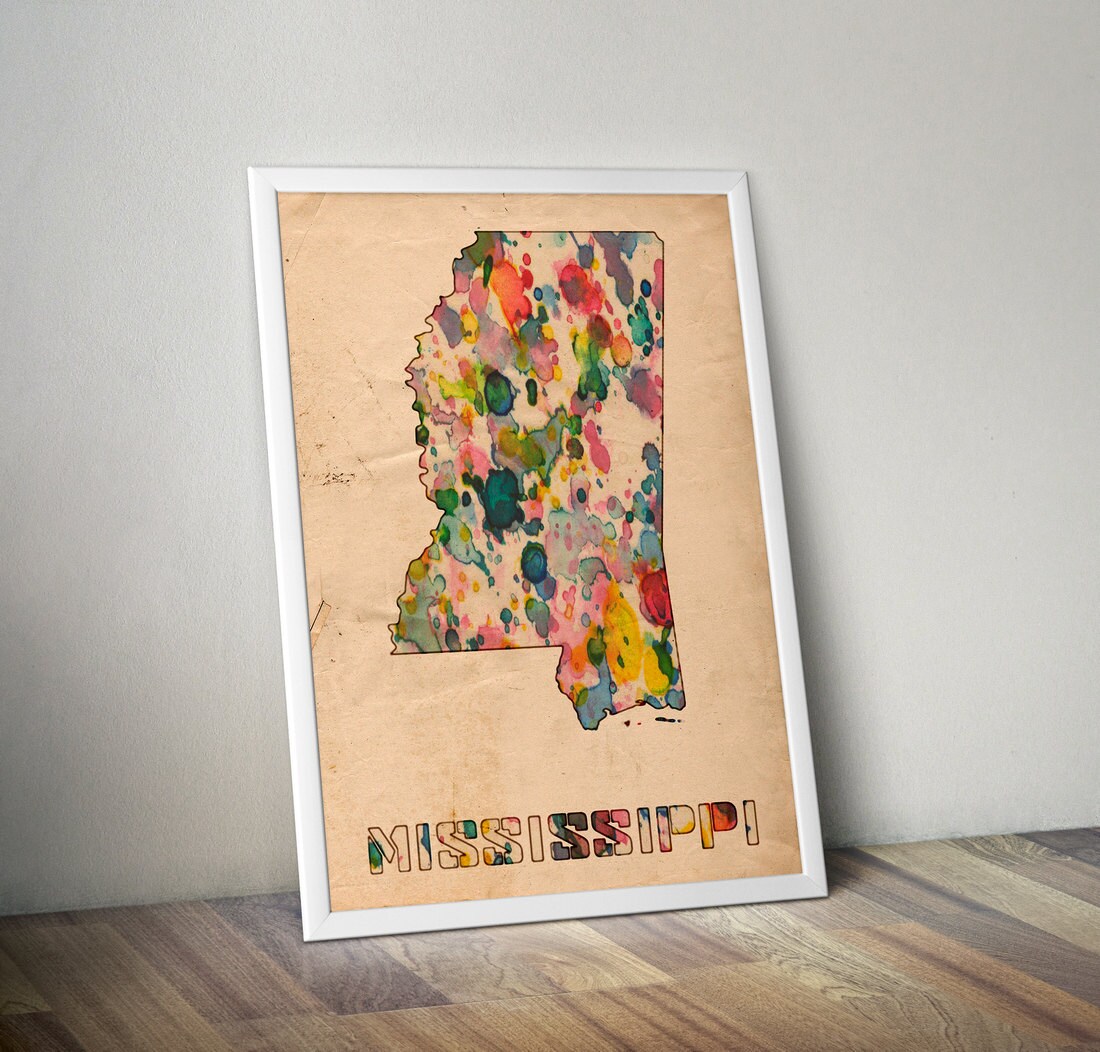 Mississippi Map Poster Watercolor Print Fine Art Digital Painting ...