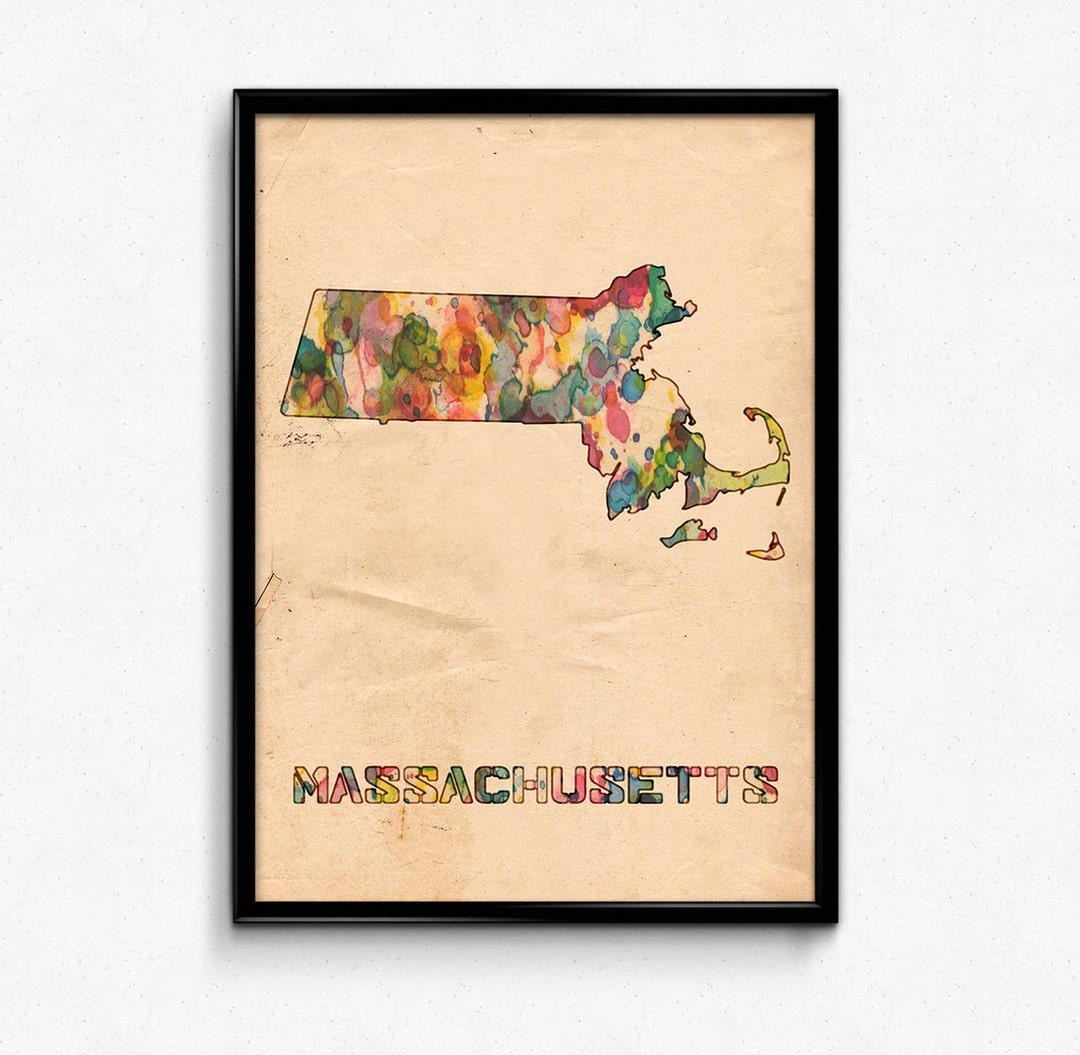 Massachusetts Map Poster Watercolor Print Fine Art Digital Painting ...