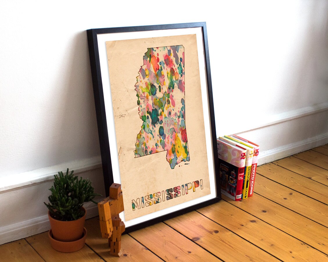Mississippi Map Poster Watercolor Print Fine Art Digital Painting ...