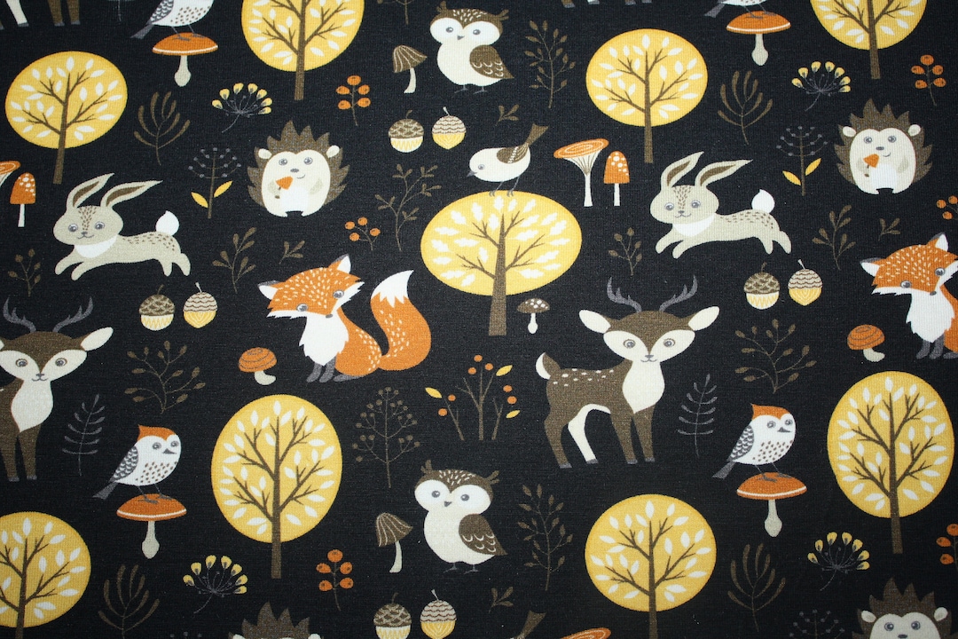 Jersey Print Matti Forest Animals Fox Deer Dark Blue - Etsy