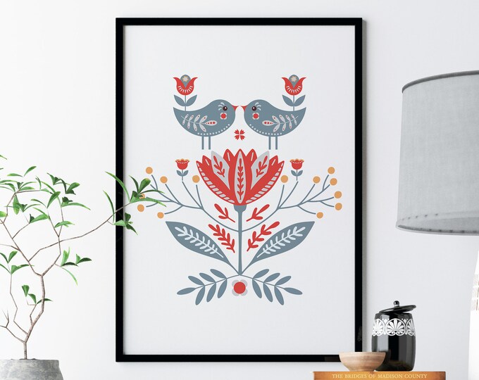 Scandi Folk Art Birds Retro Nordic Pattern Mid Century - Etsy