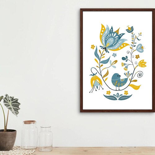 Blue Floral Design Fabric Folk Art Partridge in A Pear Tree - Etsy