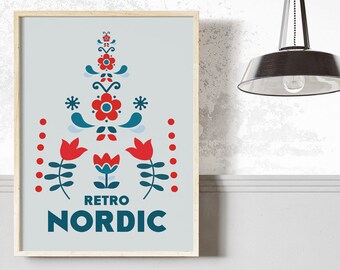 Scandi Folk Retro Nordic Flower Pattern Art Mid Century | Etsy