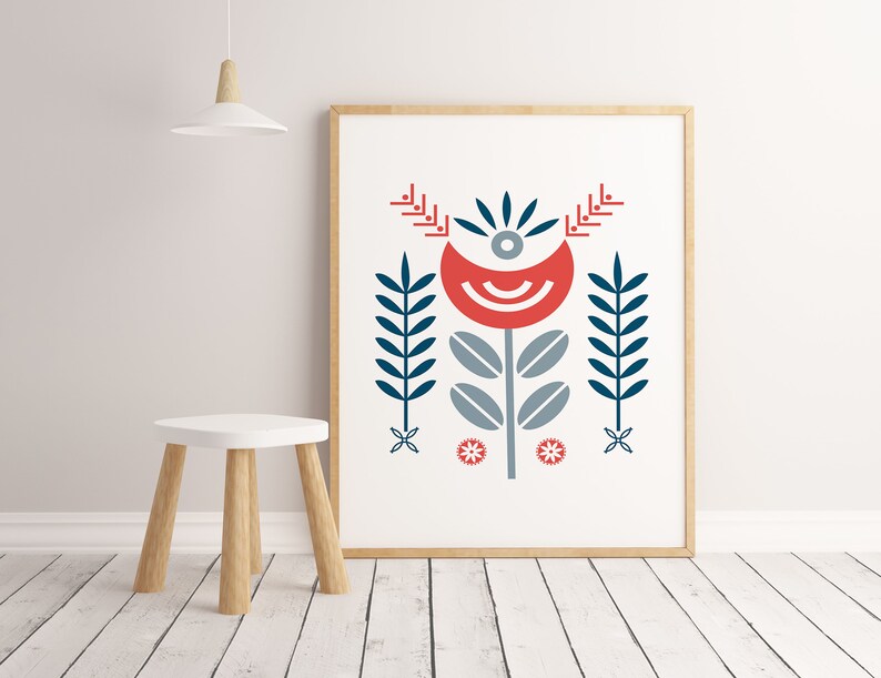 Scandi Folk, Retro Nordic Flower Pattern Art Mid Century Modern ...