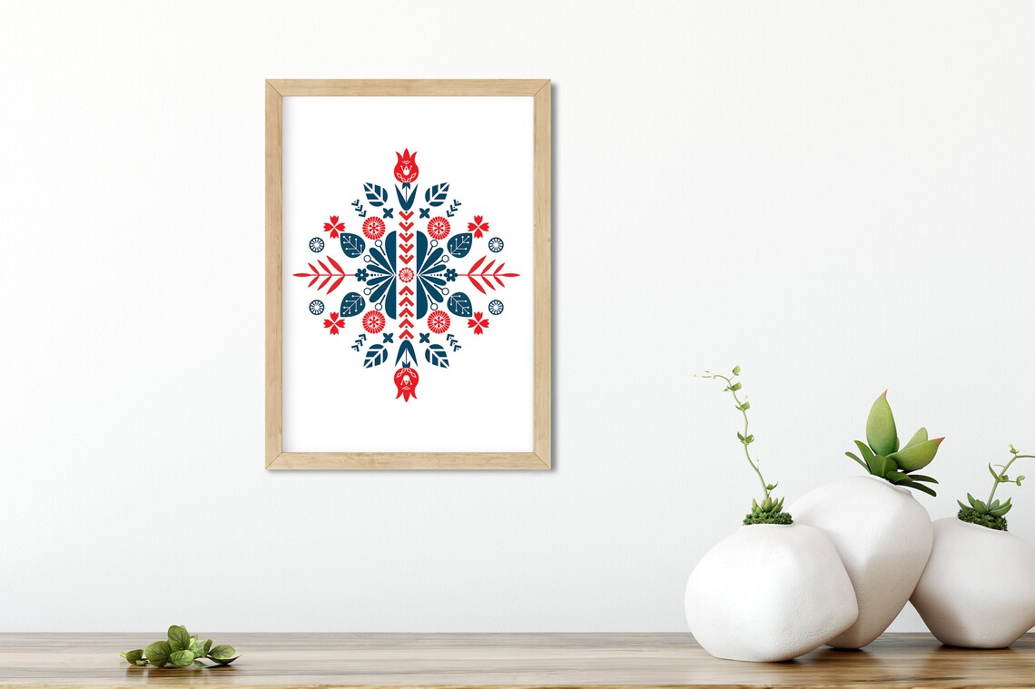 Scandi Folk Pattern Art Retro Nordic Flowers Mid Century - Etsy