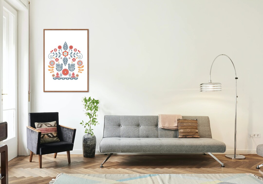 Scandinavian Hygge Folk Pattern Art Print Retro Nordic Style Flowers ...