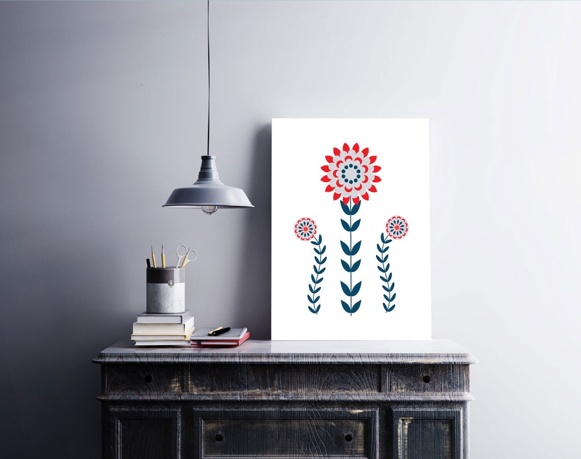 Scandi Folk Flowers Retro Nordic Pattern Mid Century Modern - Etsy