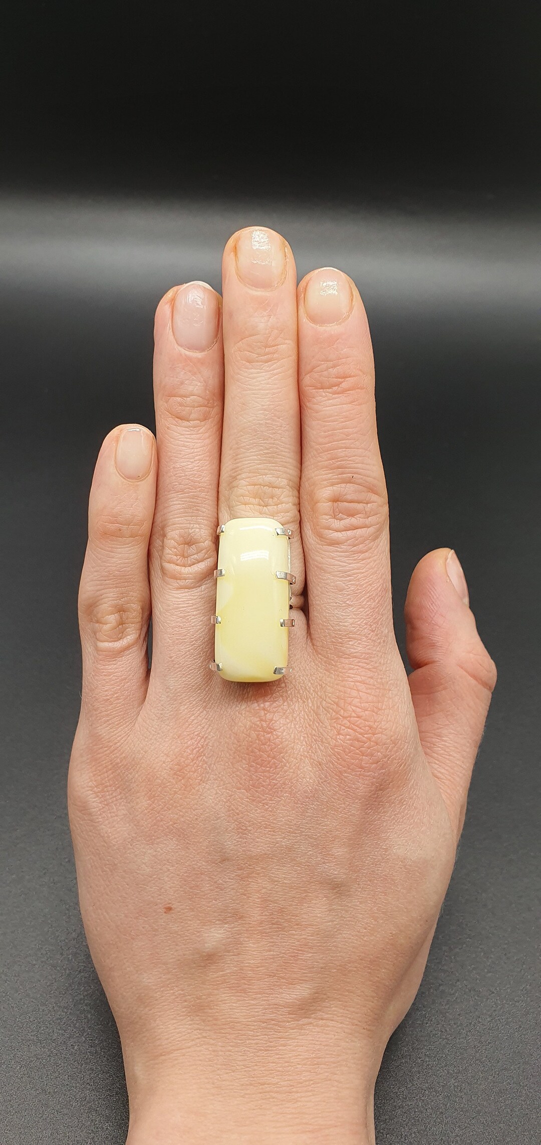 Amber Ring, Rectangle Ring, 925 Sterling Silver, 9g, Milky Amber ...