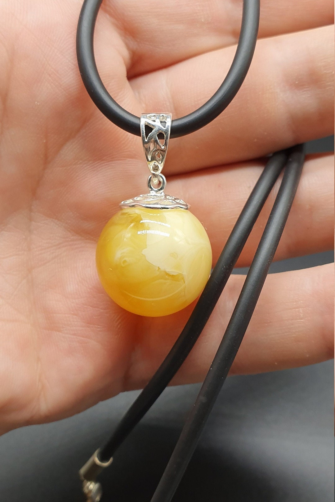120 Sphere Shape Yellow Ivory Amber Pendant, Ball Amber Pendant, 925 ...