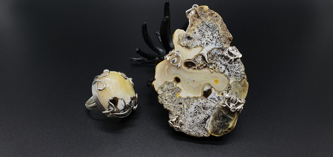 Amber Set, 17g, Amber Ring, 31g Amber Pendant, Milky Gray Colour, 925 ...