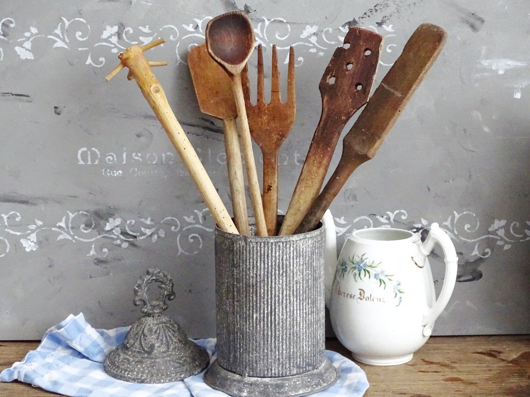 6 Extra Large Antique Kitchen Utensils Hand Carved Wood Mixing Serving ...