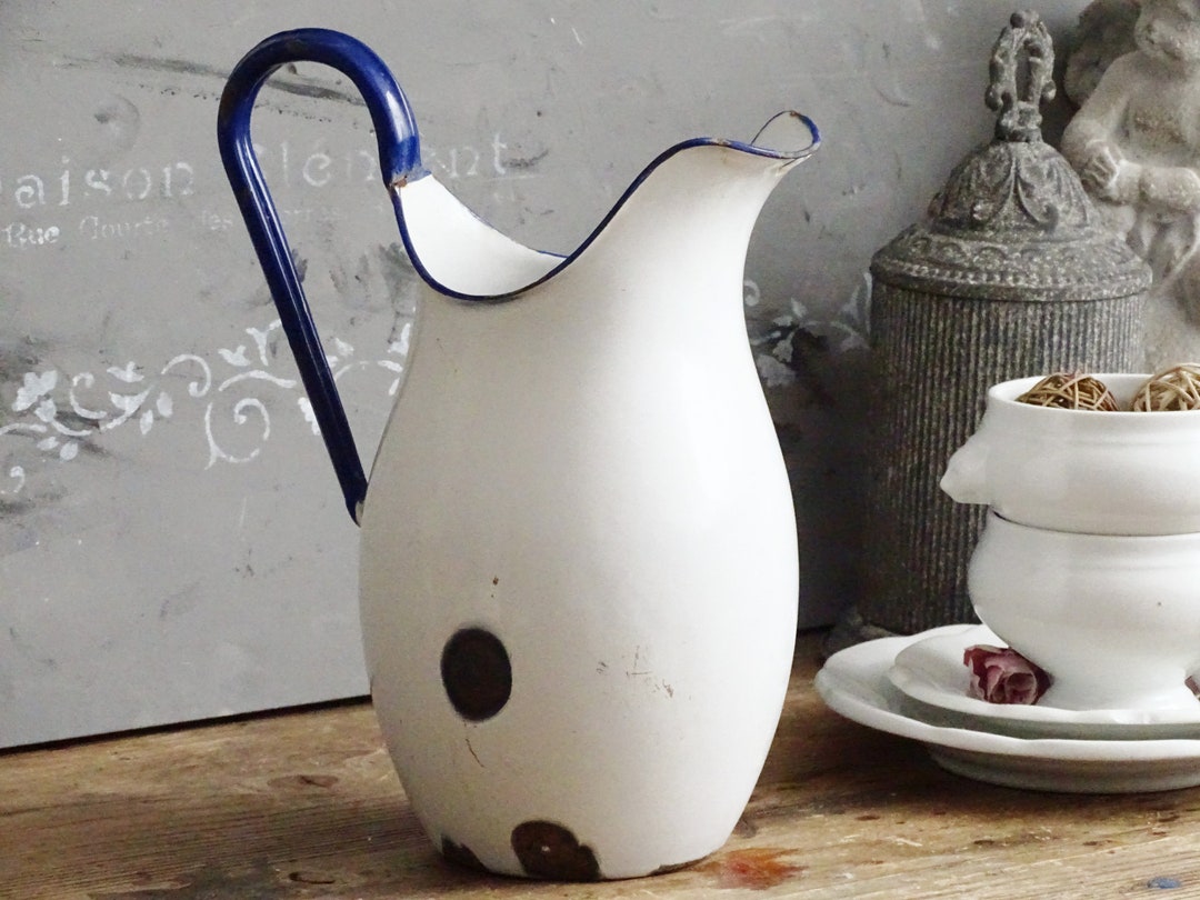 Large White Blue Enamel Water Pitcher, White Enamelware Metal Pitcher ...