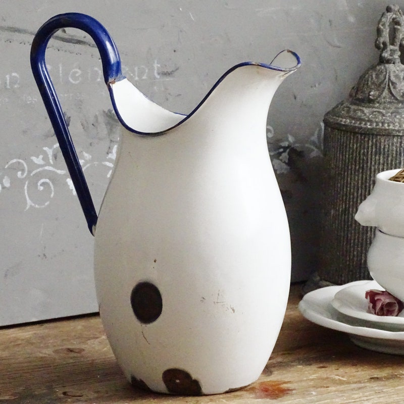 White Enamel Pitcher - Etsy