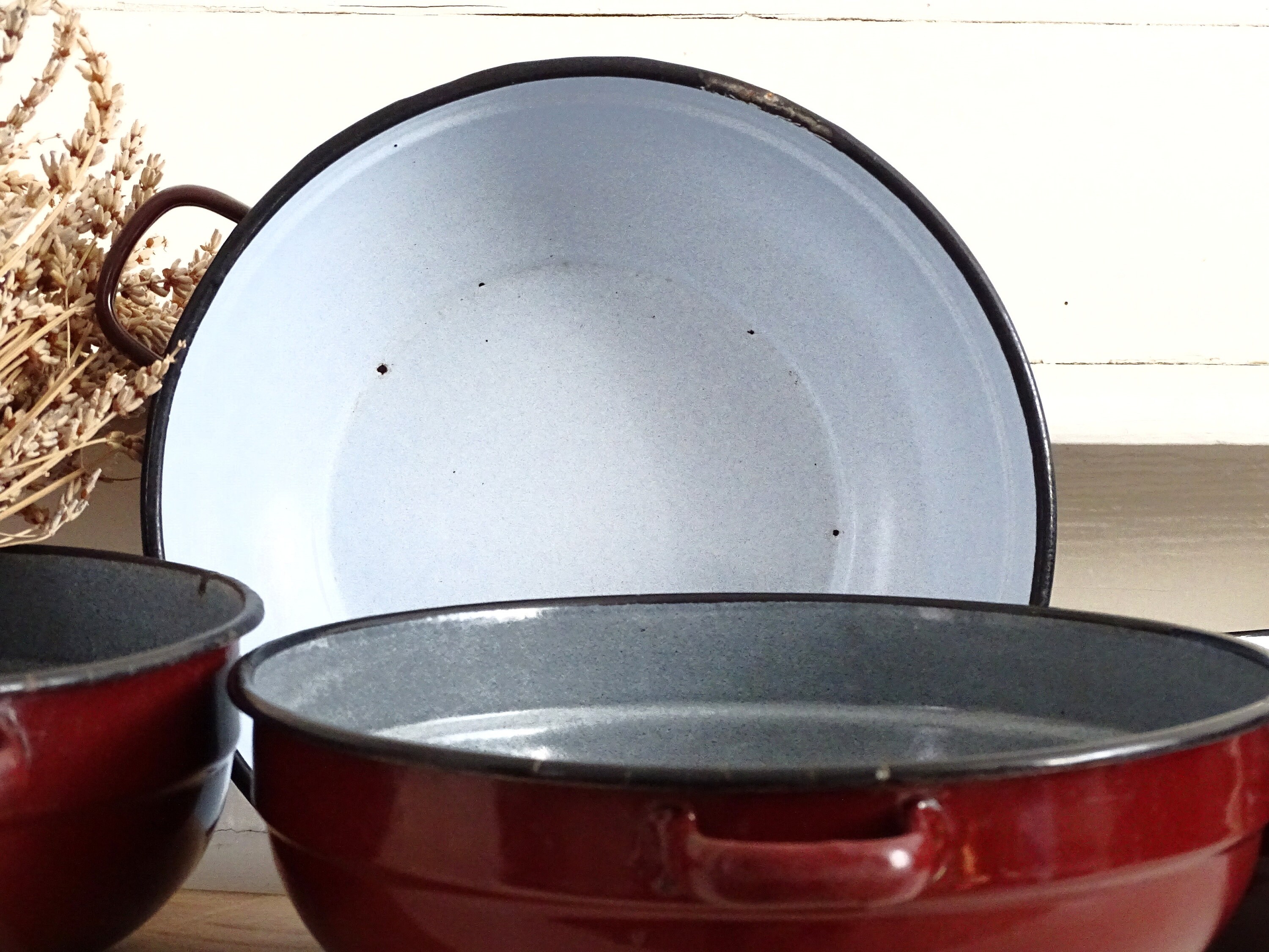 Dining & Serving Retro Brown Enamelware Nesting Bowl Large Enamel Mixing Bowl Salad Bowl Handles ...