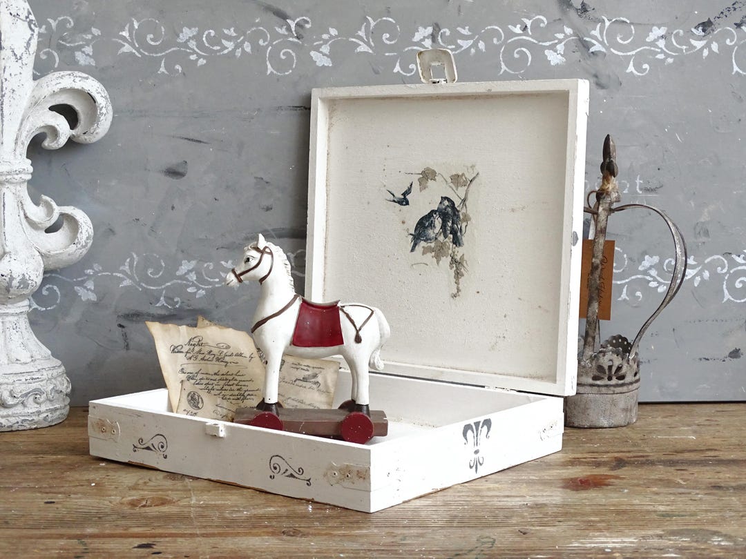 Shabby Chic White Wood Box Taupe Stripes, Square Tabletop Storage ...