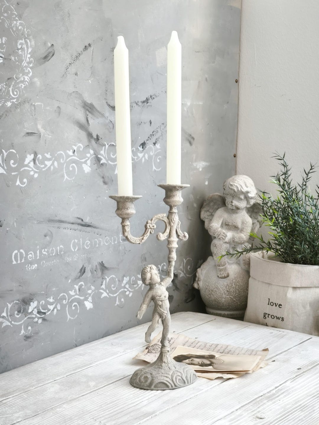 Ornate Cherub Candlestick Stone Effect Painted Brass - Distressed Metal ...
