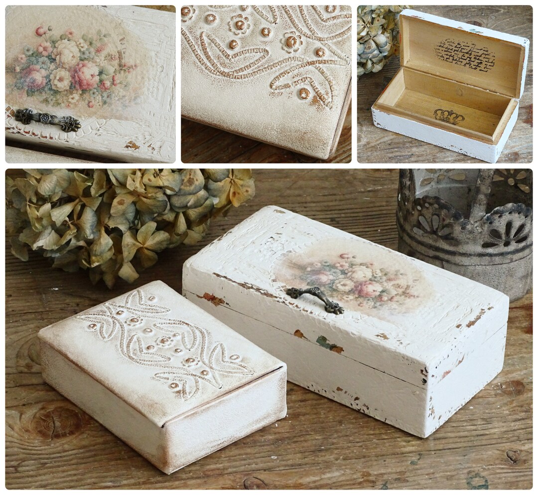 White Jewelry Box Decoupaged Flowers, Wood Jewelry Box, Leather Jewelry Box, Keepsake Trinket ...