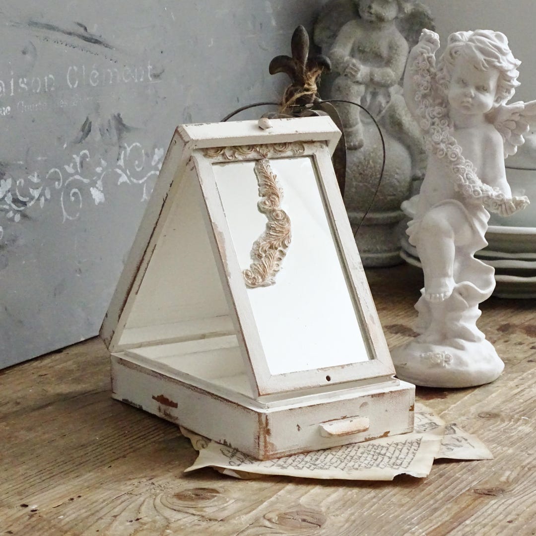 White Wood Shaving Box W/ Mirror, Jewelry Box Folding Mirror, Shabby ...