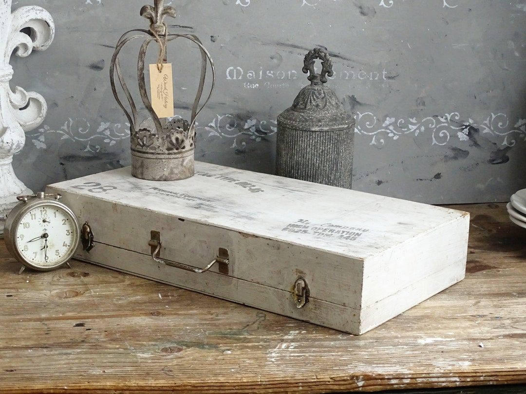 Large White Wood Storage Box, Suitcase, Artist Supply Tool Box, Shabby ...