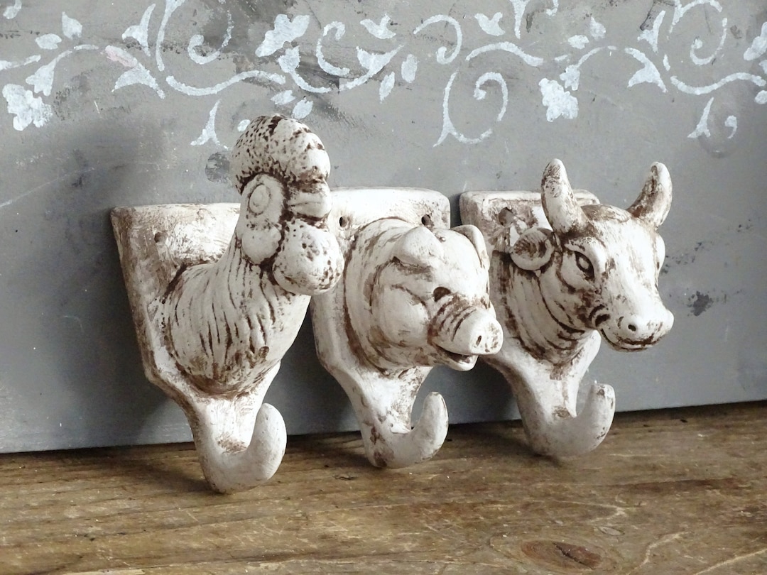 White Ceramic Farm Animal Head Hook, Aged Decorative Wall Hanger ...