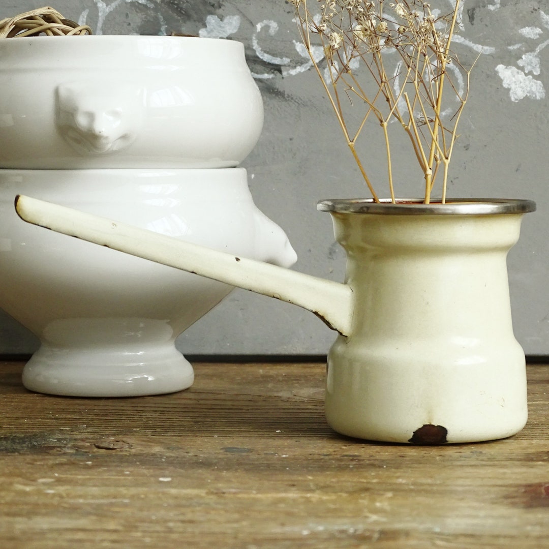 Beige Enamel Turkish Coffee Pot Handle, Retro Enamelware Coffee Pot ...