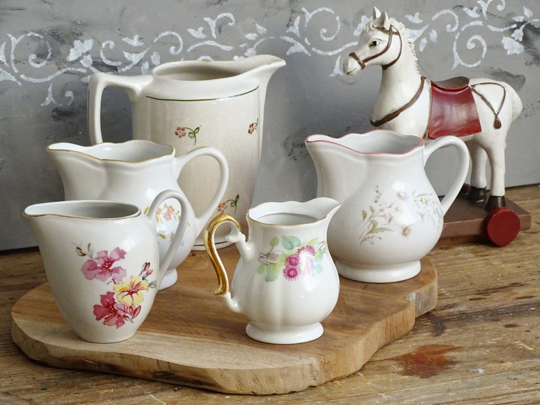 Porcelain Floral Creamer, White Milk Jug, Small Ironstone Pitcher ...