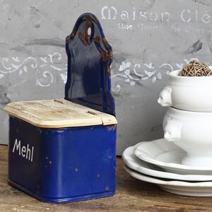 Blue Enamel Salt Box Wood Lid, Antique Salt Storage Box, Salt Cellar ...