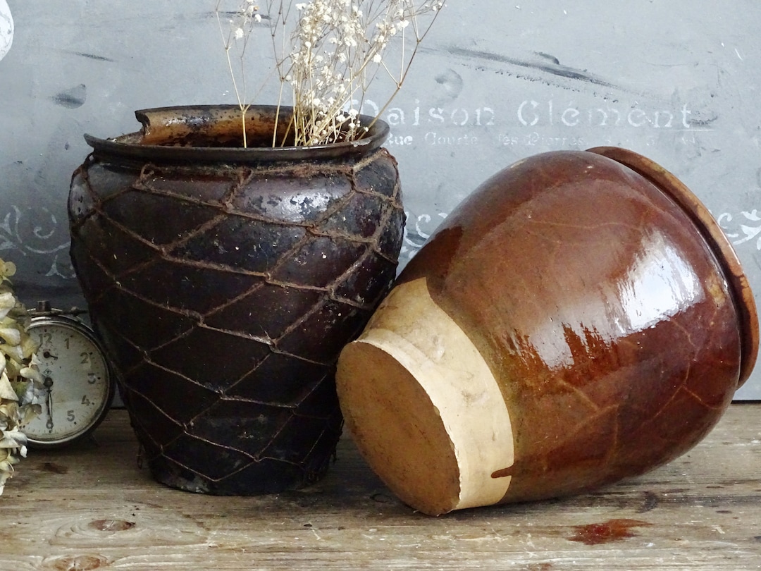 Antique Pottery Plant Pot, Large Ceramic Vase Jar, Rustic Clay Planter ...