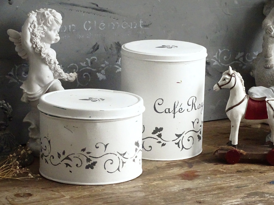 White Round Tin Can Scrolls, Shabby Chic Painted Metal Box Floral ...