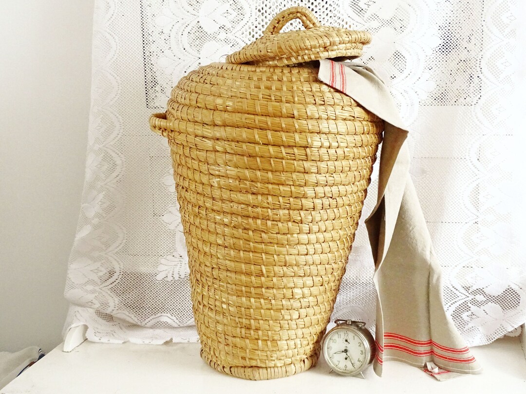 Moroccan Straw Hamper Lid, Laundry Basket, Round Tall Rattan Basket ...