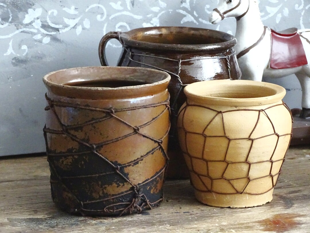 Wire Wrapped Pottery Crock Pot, Ceramic Utensil Holder Jar, Farmhouse ...