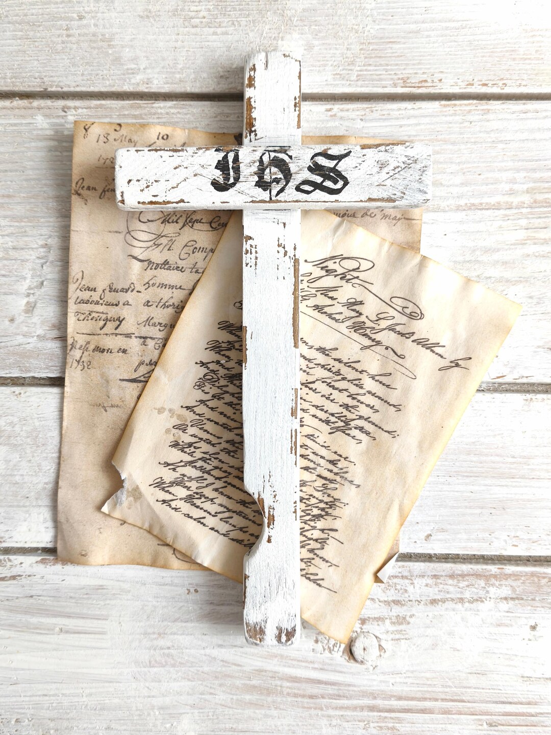 White Reclaimed Wood Wall Cross With Hand Written IHS, Whitewashed ...