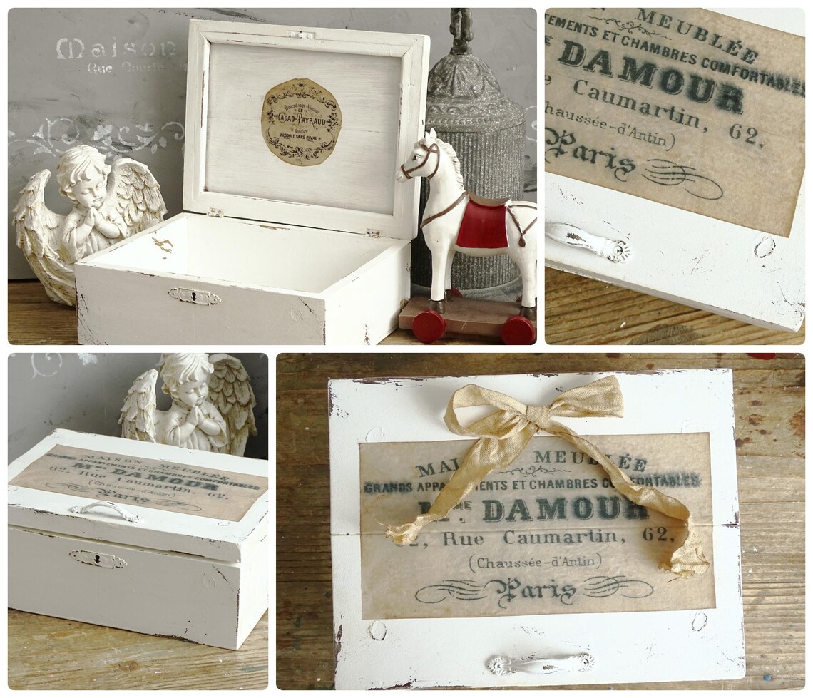 Antique White Wood Box French Label, Shabby Chic Storage Box, Hope ...