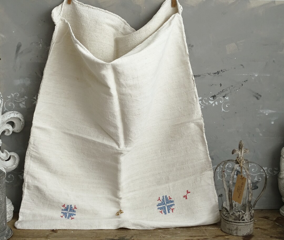 Antique Grain Sack W/ Hand Embroidery, Linen Grain Bag, Large Fabric ...
