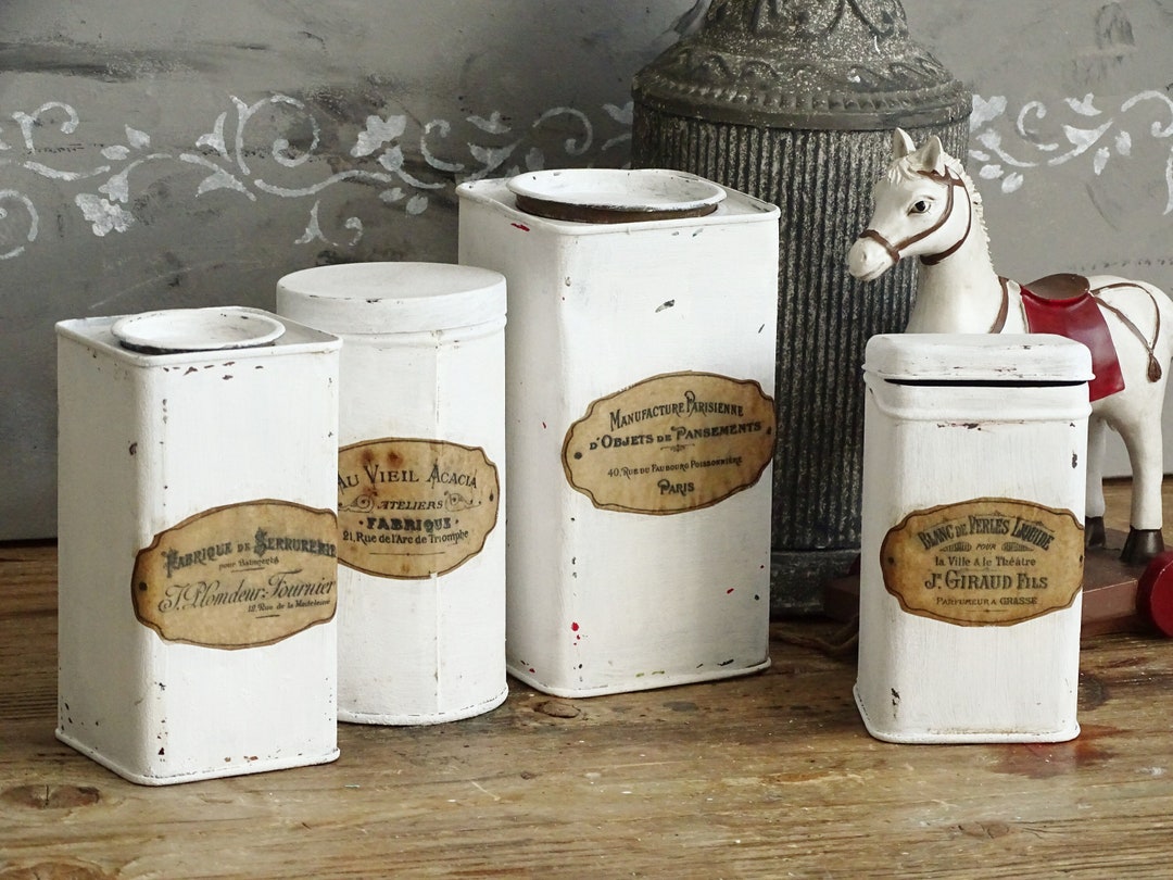 White Kitchen Storage Tin Can French Label Square Metal - Etsy
