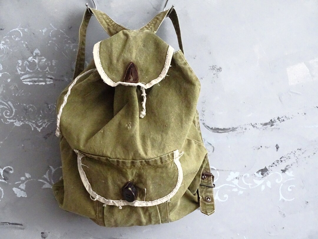 Small Military Canvas Rucksack, Khaki Green Fabric Backpack, Kid Camp ...