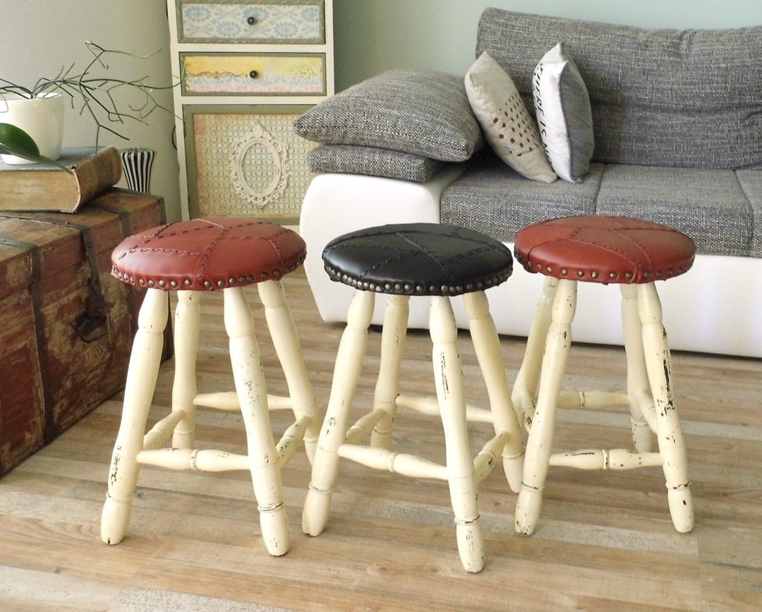 Leather Wood Stool, Mid Century Modern Ottoman, Retro Stool, Vintage ...