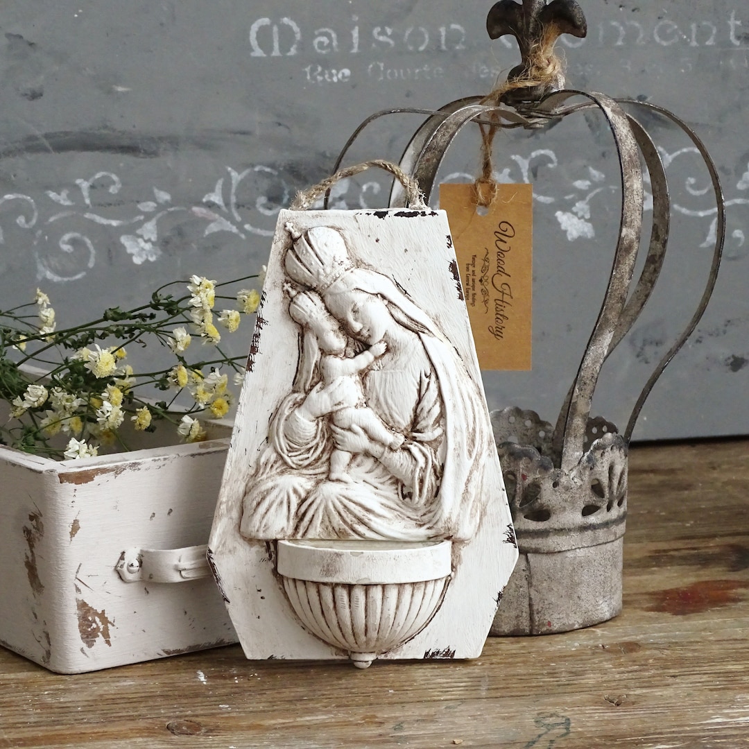 White Holy Water Font Mary Jesus Child, Aged Wall Benitier, Wall Holy ...